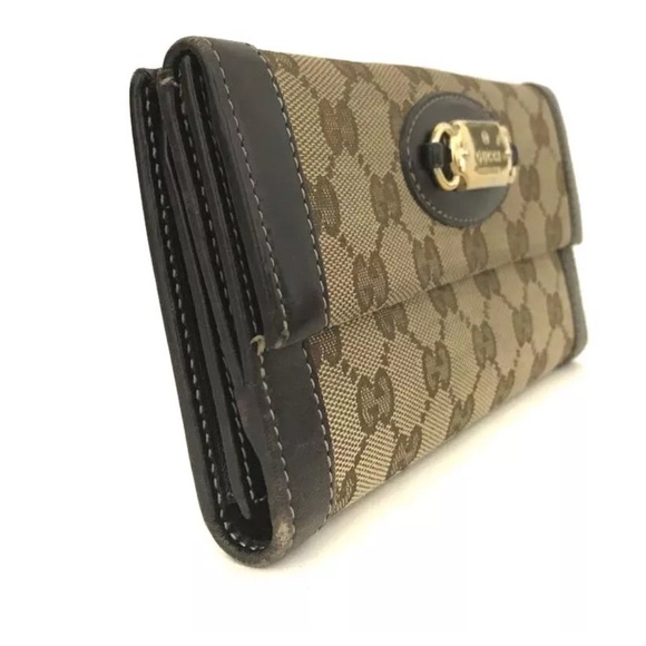 Gucci | Bags | Authentic Gucci Gg Logo Canvas Leather Long Bifold ...